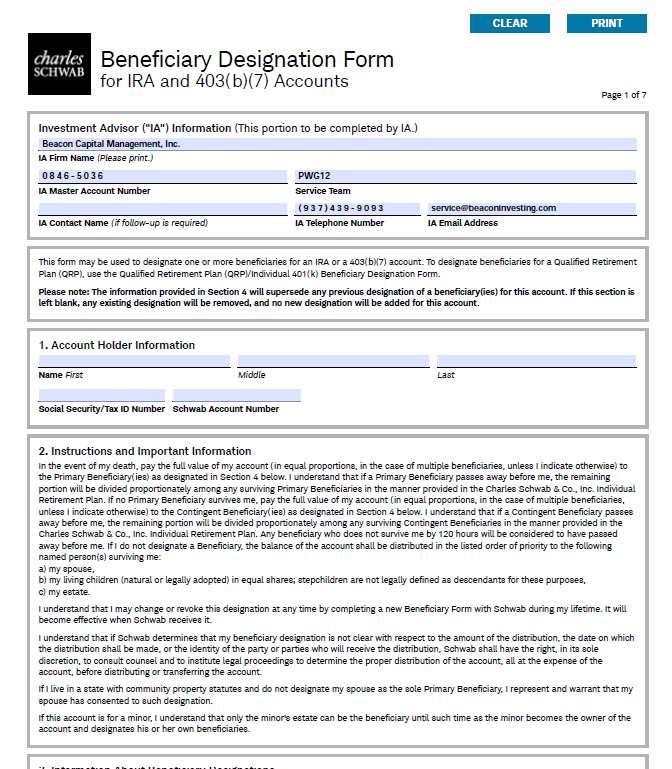 Beneficiary Designation Form for IRA – Beacon Capital Management